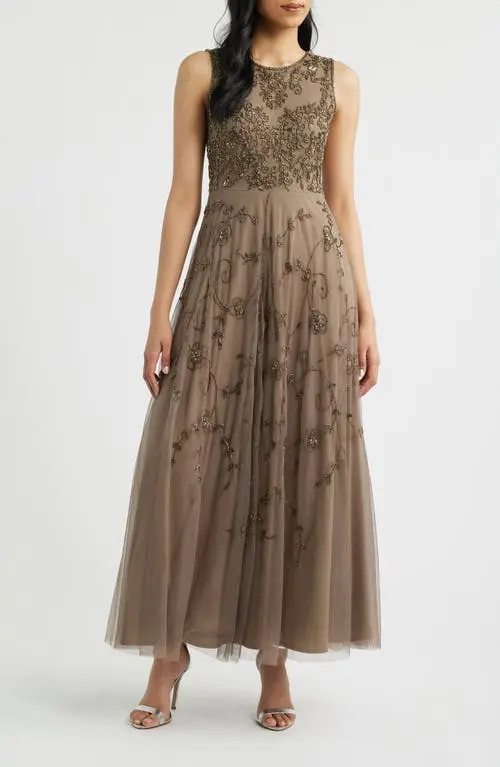 Pisarro Nights Embellished Chiffon Cocktail Dress With Jacket - Mocha