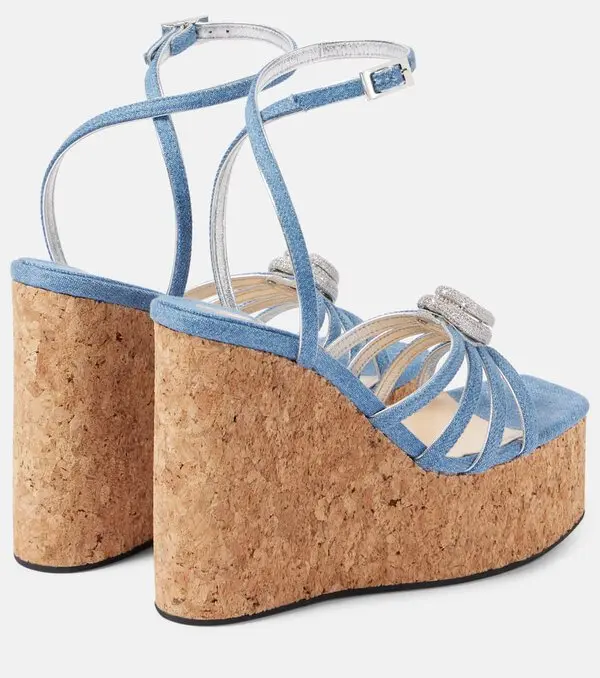 Mach & Mach Double Heart Denim Wedges - Blue