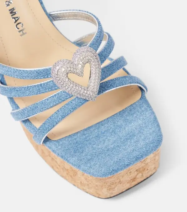 Mach & Mach Double Heart Denim Wedges - Blue