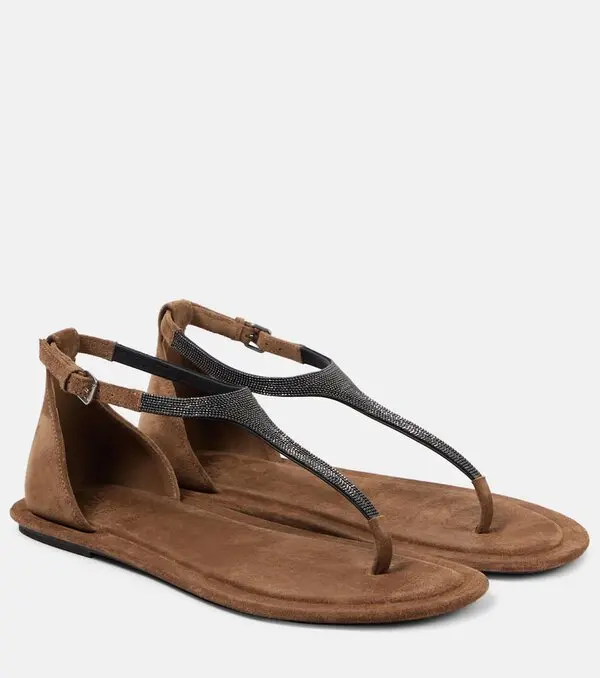 Brunello Cucinelli Monili Suede Thong Sandals