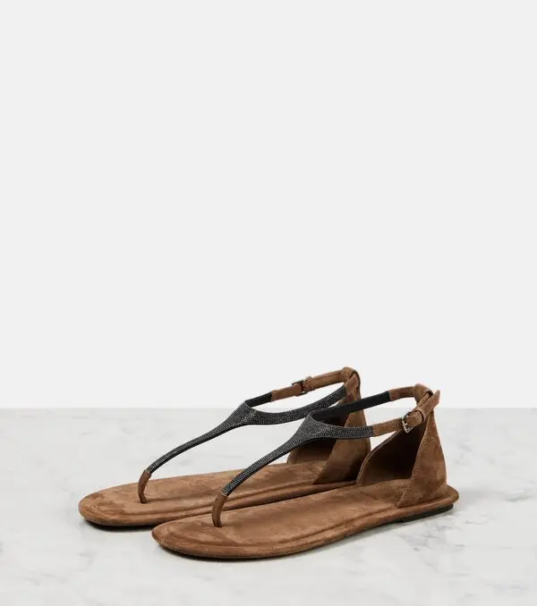 Brunello Cucinelli Monili Suede Thong Sandals