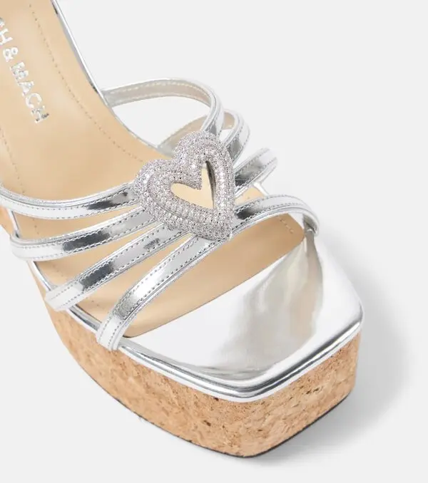 Mach & Mach Double Heart Metallic Leather Wedge Sandals - Silver