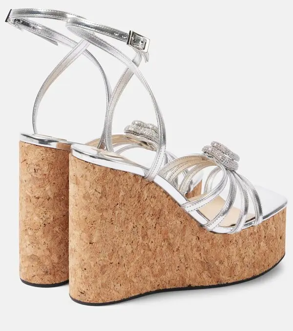 Mach & Mach Double Heart Metallic Leather Wedge Sandals - Silver