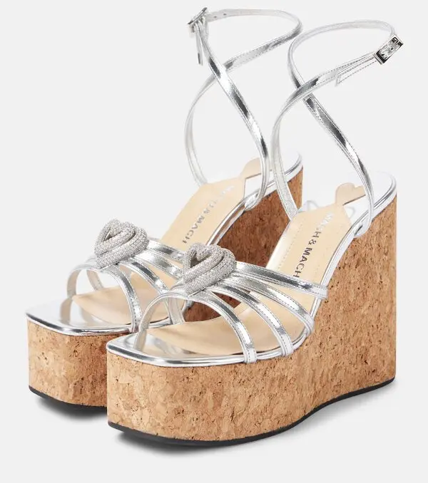 Mach & Mach Double Heart Metallic Leather Wedge Sandals - Silver