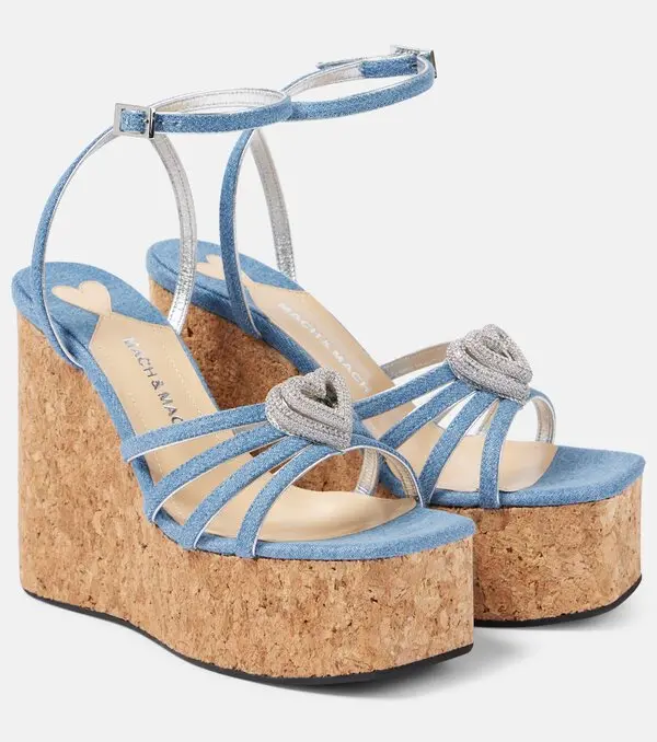 Mach & Mach Double Heart Denim Wedges - Blue