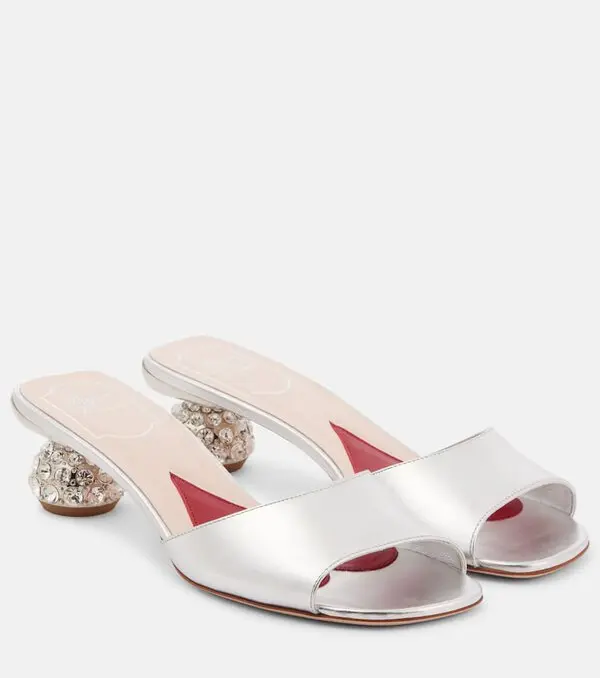 ROGER VIVIER Embellished Leather Mules - Silver