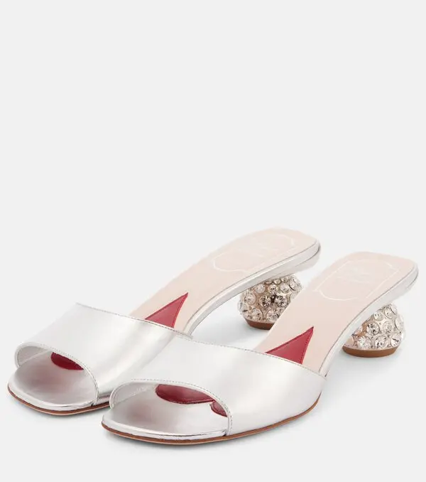 ROGER VIVIER Embellished Leather Mules - Silver