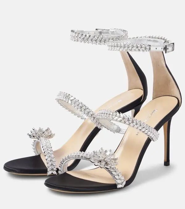 Mach & Mach Crystal Flower Embellished Satin Sandals