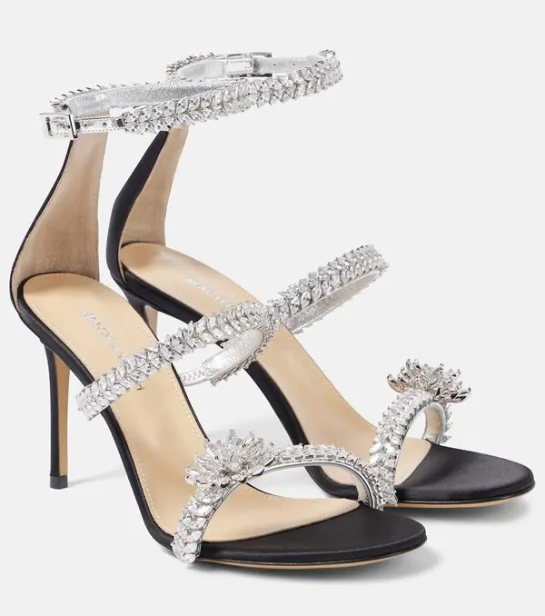 Mach & Mach Crystal Flower Embellished Satin Sandals - Black