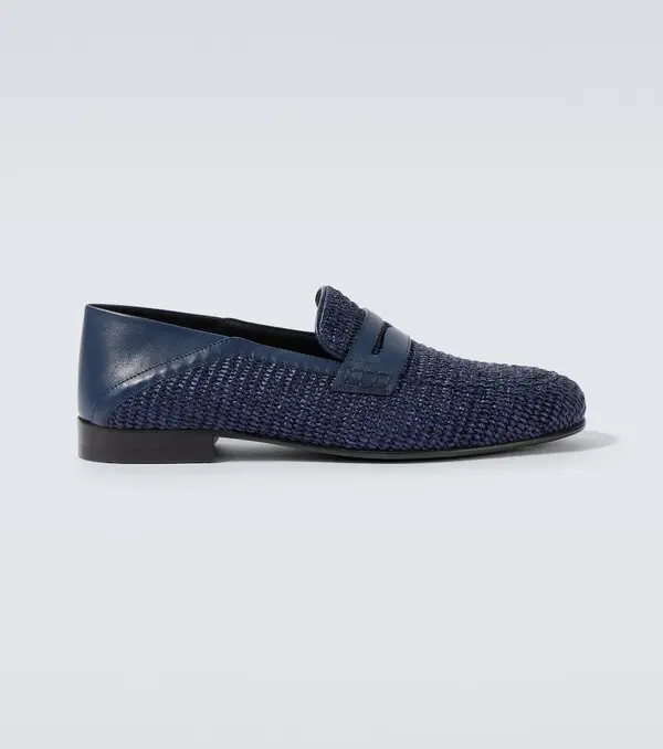 Manolo Blahnik Padstow Raffia And Leather Loafers - Blue