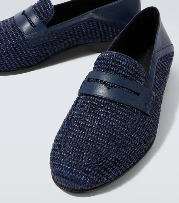 Manolo Blahnik Padstow Raffia And Leather Loafers - Blue