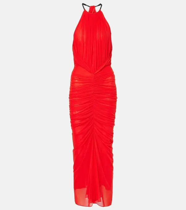 MUGLER Ruched Halterneck Midi Dress - Red