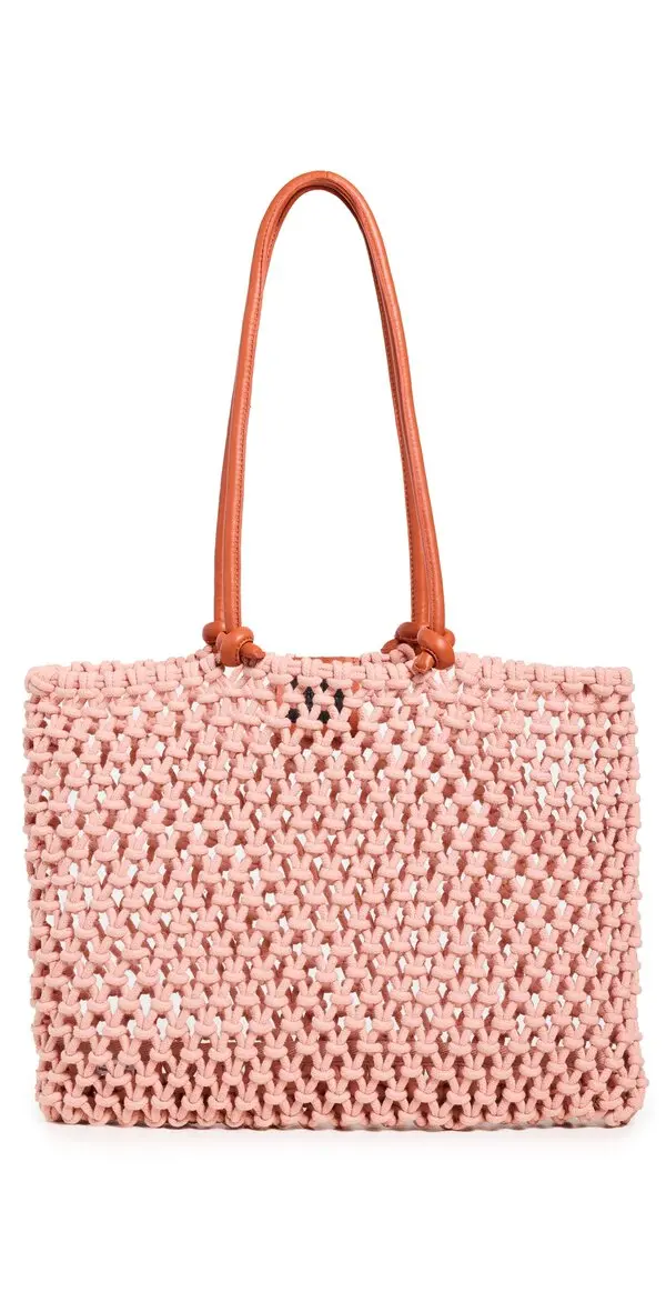 Clare V. Sandy Crochet Tote - Blush W/ Bright Poppy Straps