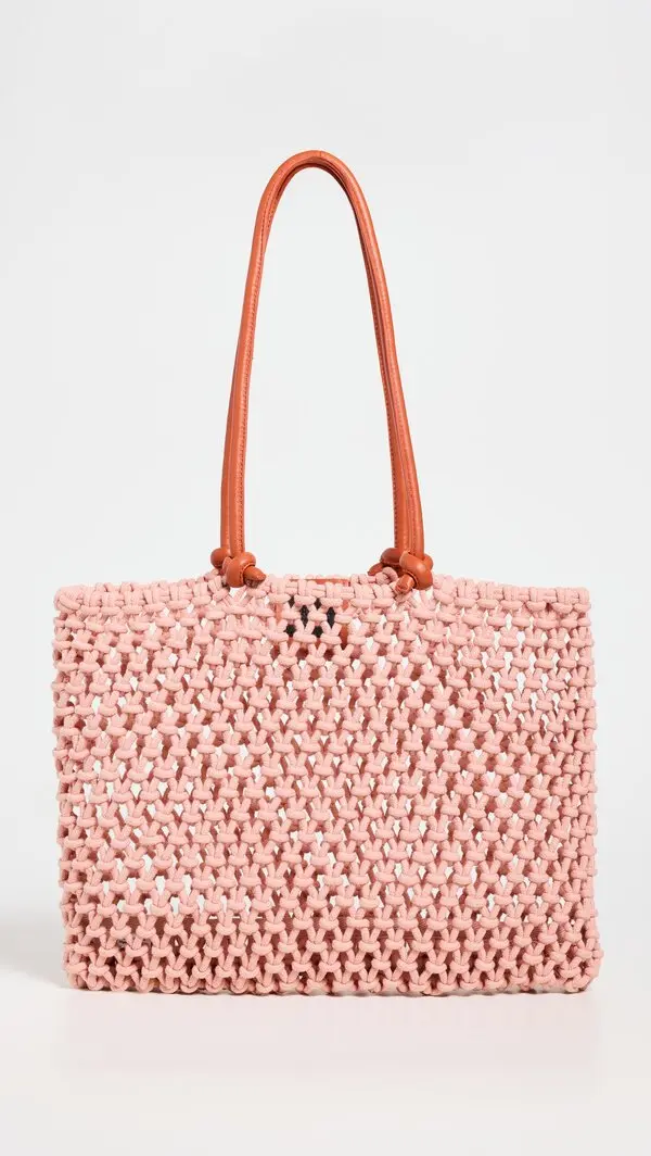Clare V. Sandy Crochet Tote - Blush W/ Bright Poppy Straps