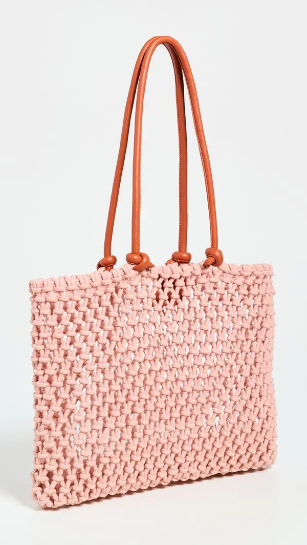 Clare V. Sandy Crochet Tote - Blush W/ Bright Poppy Straps