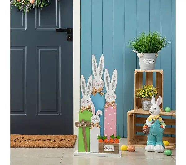 GLITZHOME 29.75'h Easter Wooden Bunny Family Po Rch Sign - One-color