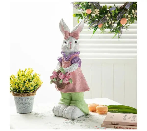 GLITZHOME 17.5'h Easter Bunny With Flower Baske T Table Decor - One-color