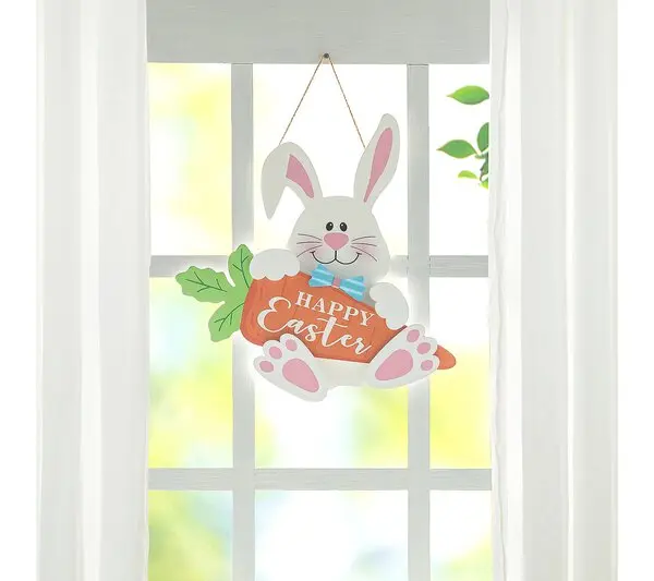 GLITZHOME 14' Happy Easter Wooden Bunny And Car Rot Door Hanger - One-color
