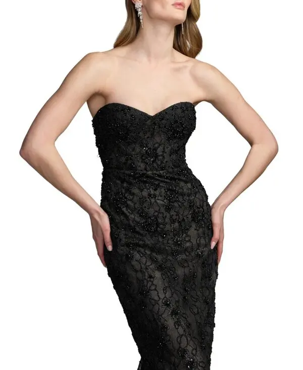 Mac Duggal Beaded Satin Cape Strapless Bustier Gown - Black