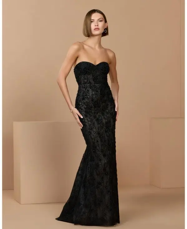 Mac Duggal Beaded Satin Cape Strapless Bustier Gown - Black