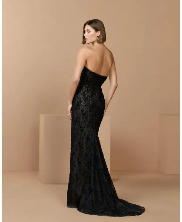 Mac Duggal Beaded Satin Cape Strapless Bustier Gown - Black