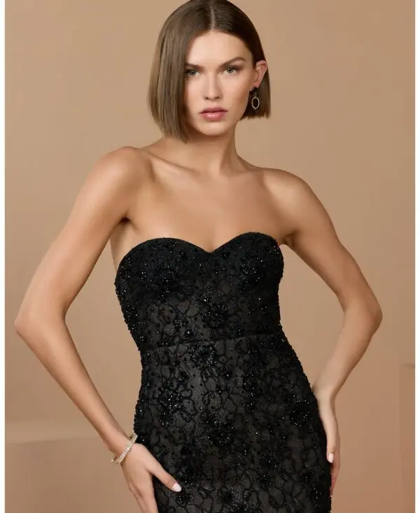 Mac Duggal Beaded Satin Cape Strapless Bustier Gown - Black