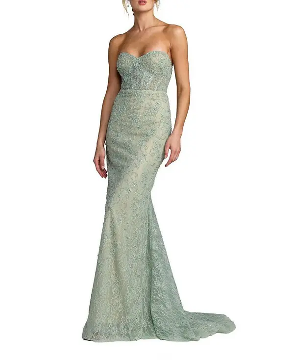 Mac Duggal Beaded Satin Cape Strapless Bustier Gown - Sage