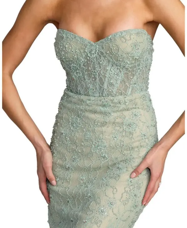 Mac Duggal Beaded Satin Cape Strapless Bustier Gown - Sage