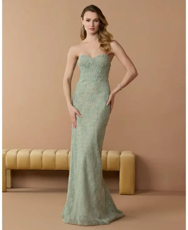 Mac Duggal Beaded Satin Cape Strapless Bustier Gown - Sage
