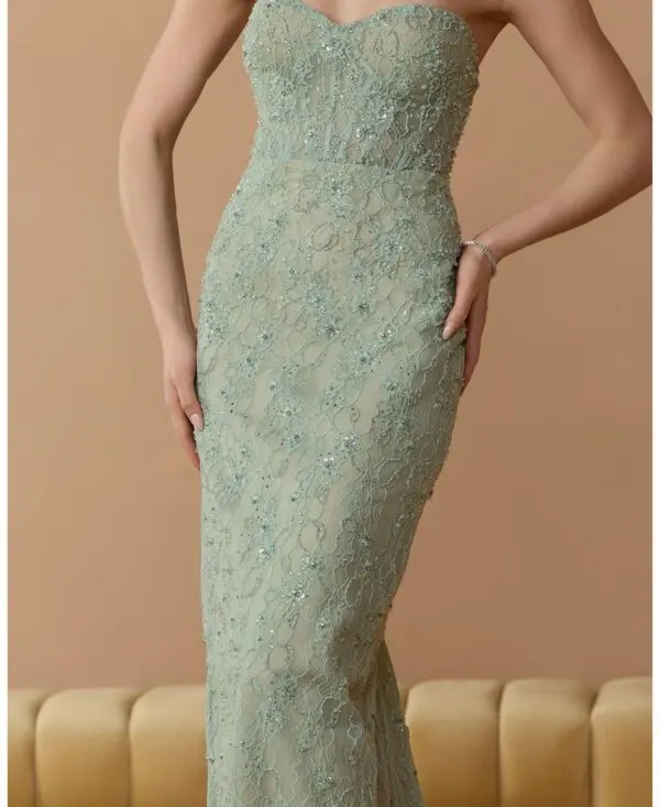 Mac Duggal Beaded Satin Cape Strapless Bustier Gown - Sage