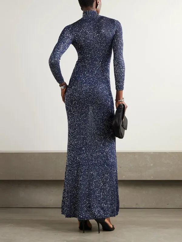 Balenciaga Sequined Metallic-Knit Maxi Dress Blue Editorialist