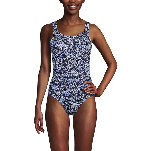 LANDS' END Slendersuit Carmela Underwire One Piece Swimsuit - Navy Meadow Floral