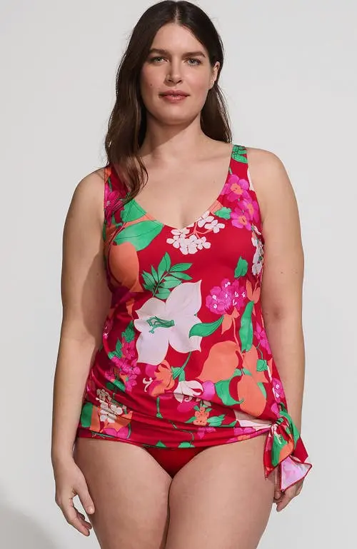 LANDS' END Slender Suit Fauxkini One-piece Swimsuit - Coral Rose Lilies