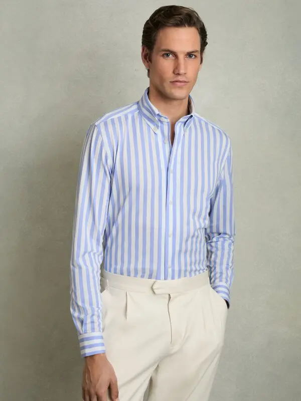 REISS Tobin Striped Jersey Button-down Shirt With Cotton - Pale Blue Stripe