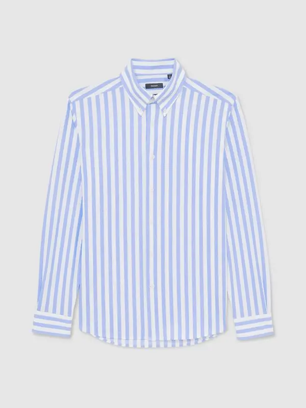 REISS Tobin Striped Jersey Button-down Shirt With Cotton - Pale Blue Stripe