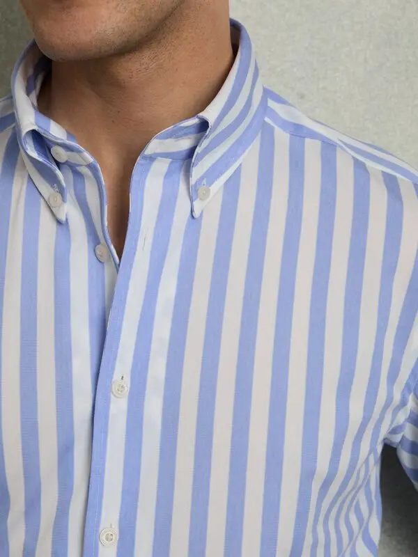 REISS Tobin Striped Jersey Button-down Shirt With Cotton - Pale Blue Stripe