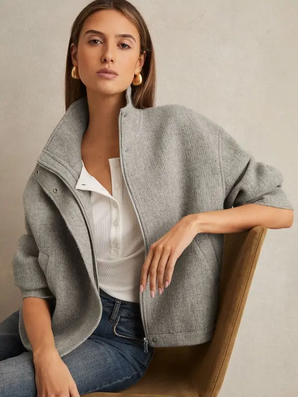 REISS Phillipa Wool Bomber Jacket - Grey
