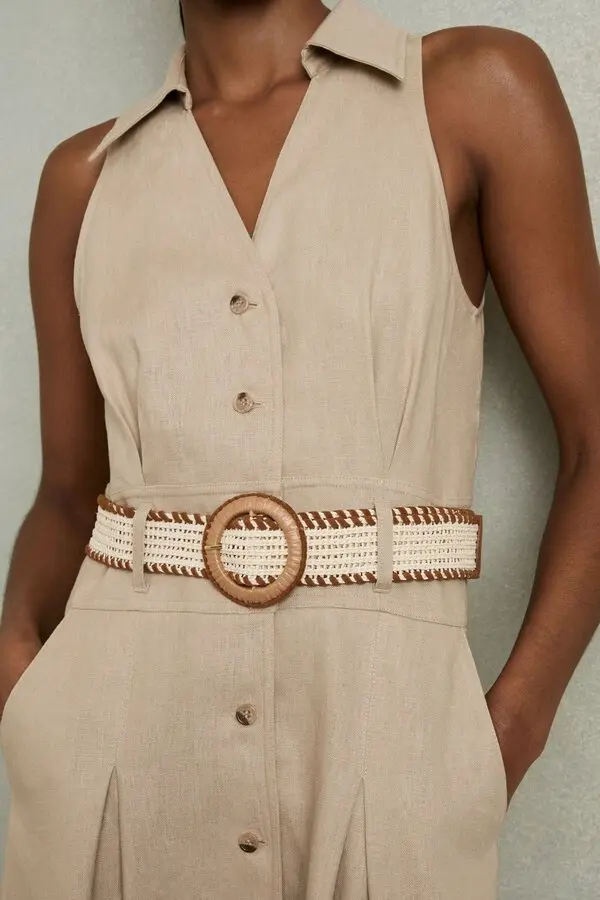 Annie Belted Linen Midi Dress - Neutral