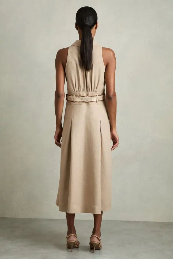 Annie Belted Linen Midi Dress - Neutral