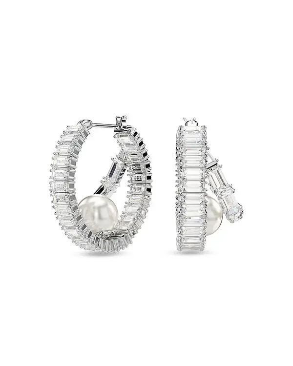 SWAROVSKI Imitation Pearl And Crystal Baguette Hoop Earrings - Silver