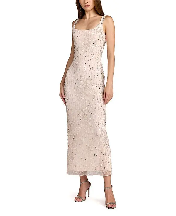 Mac Duggal Beaded Mesh Gown With Bows - Blush