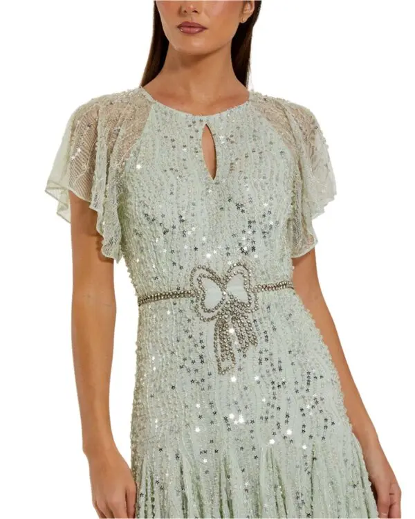 Mac Duggal Beaded Mesh A-line Midi Dress