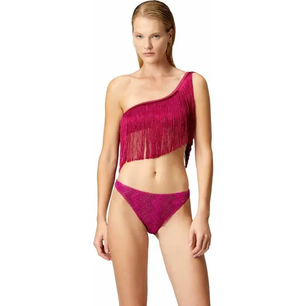 Missoni One-shoulder Zigzag Lamé Viscose Bikini With Fringes - Purple