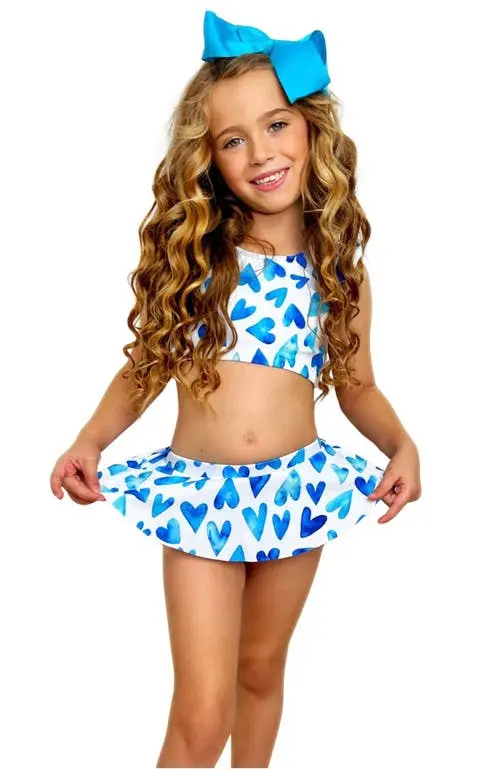 MIA BELLE GIRLS Heart Print Two-piece Skirted Swimsuit - Blue