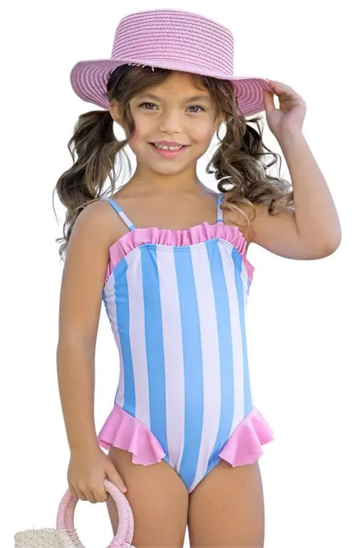 MIA BELLE GIRLS Seaside Stripes Ruffle One-piece Swimsuit - Blue