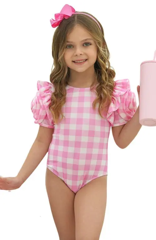 MIA BELLE GIRLS Gingham Rose Sleeve One-piece Swimsuit - Pink
