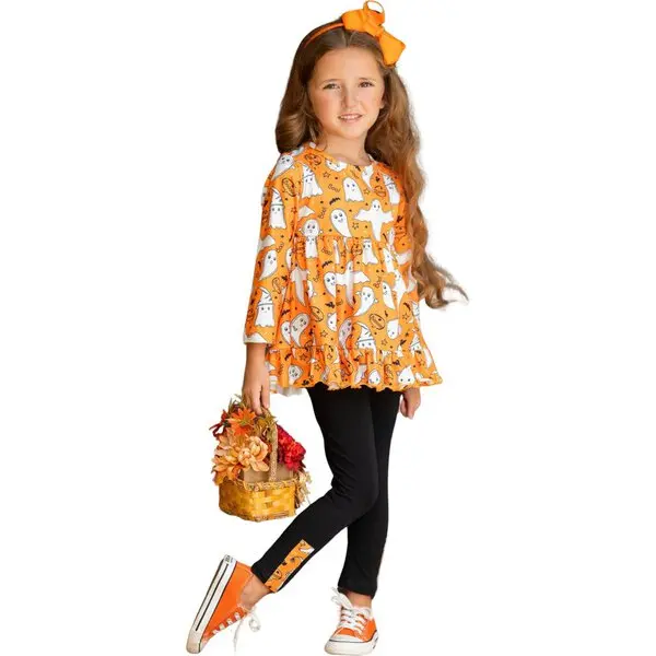 MIA BELLE GIRLS Fun-tastic Flying Ghosts Halloween Legging Set - Orange