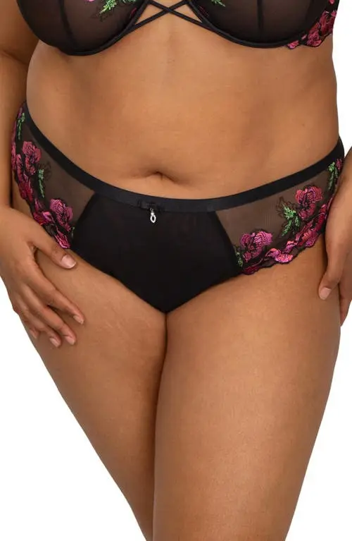 CURVY COUTURE Floral Embroidered Strappy Back Briefs - Lush Black