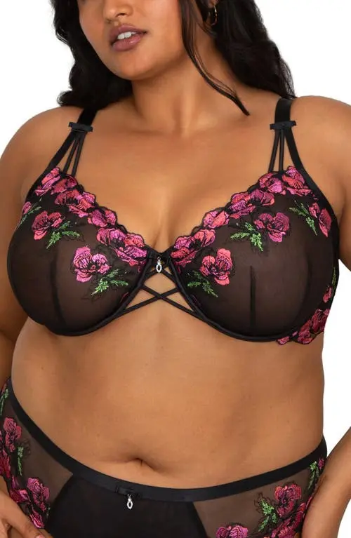 CURVY COUTURE Floral Embroidered Balconette Bra - Lush Black
