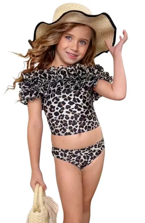 MIA BELLE GIRLS Animal Print Ruffle Tankini Two-piece Swimsuit - Leopard